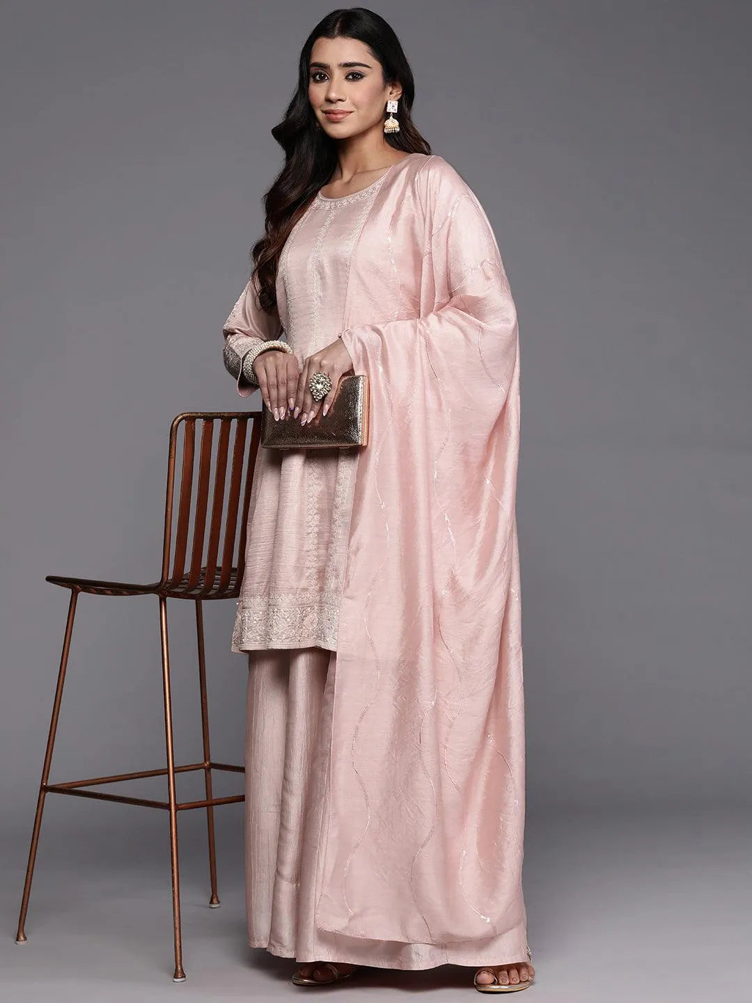 Buy Libas Art Peach Embroidered Silk Blend Anarkali Suit With Dupatta ...