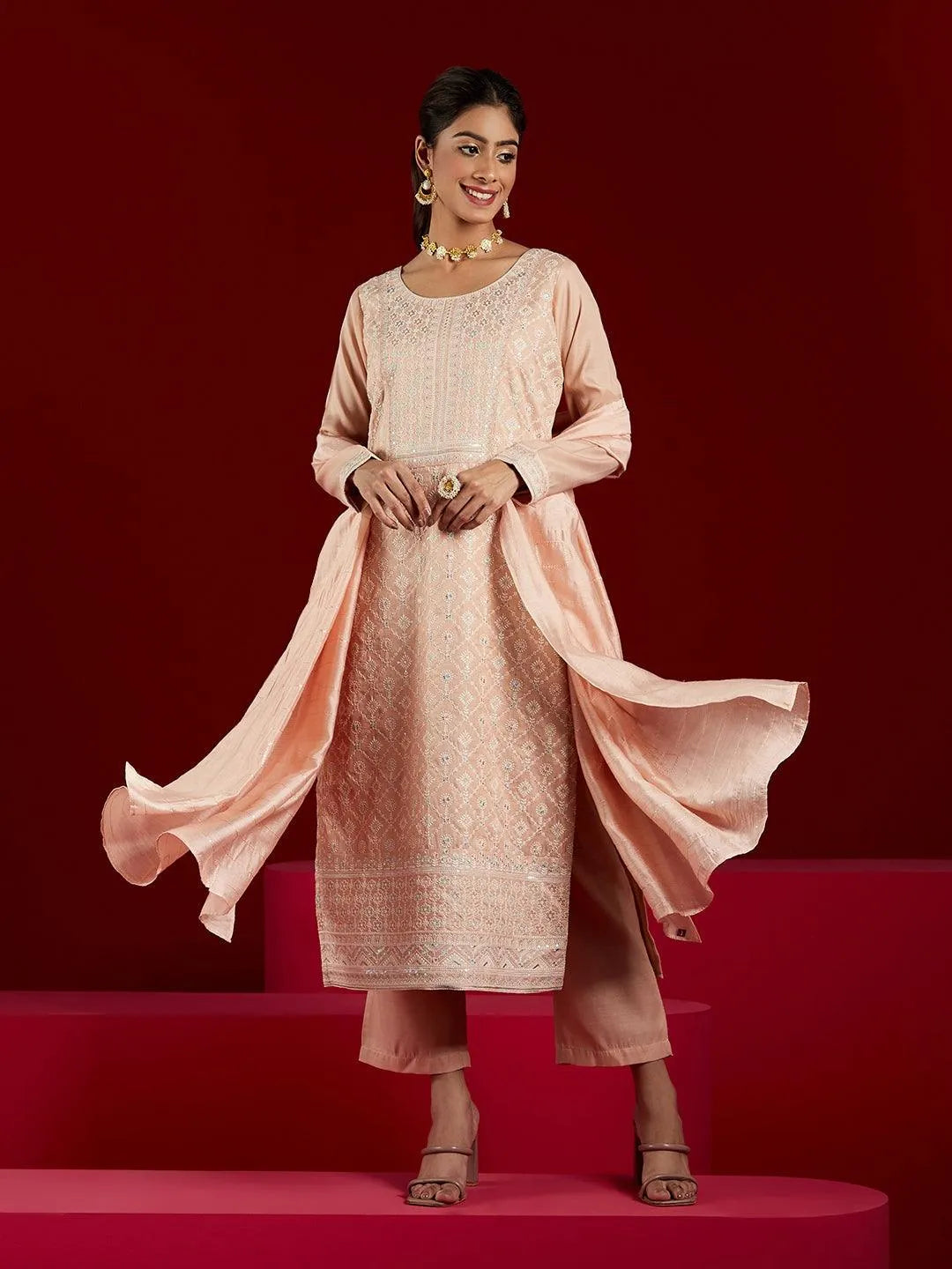 Buy Libas Art Peach Embroidered Silk Blend Straight Suit With Dupatta ...