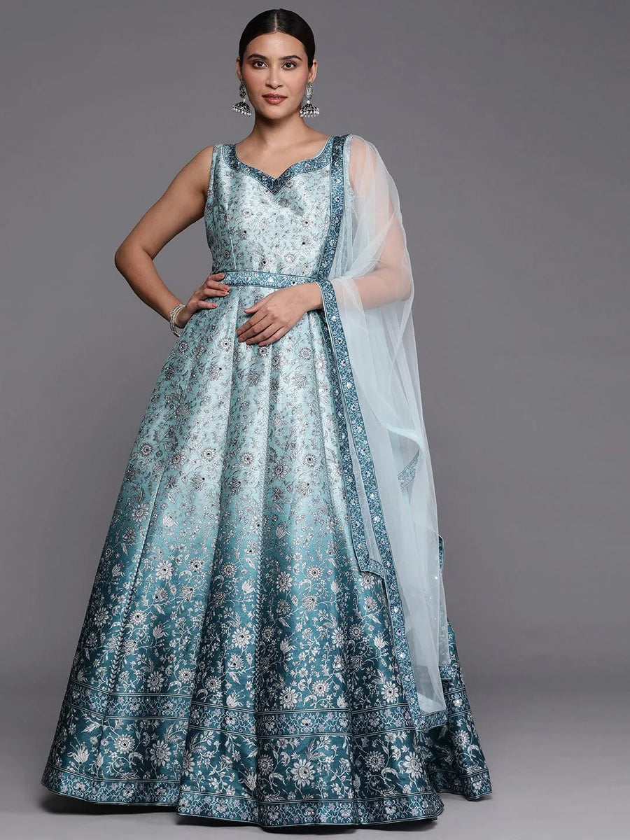 Buy Libas Art Sea Green Printed Silk Gown Dress With Dupatta Online at ...
