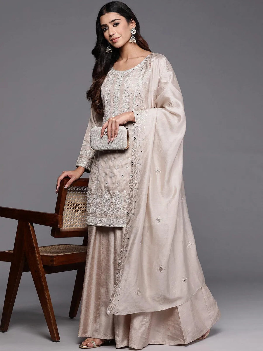 Buy Libas Art Taupe Embroidered Silk Blend Pakistani Suit Online at Rs ...