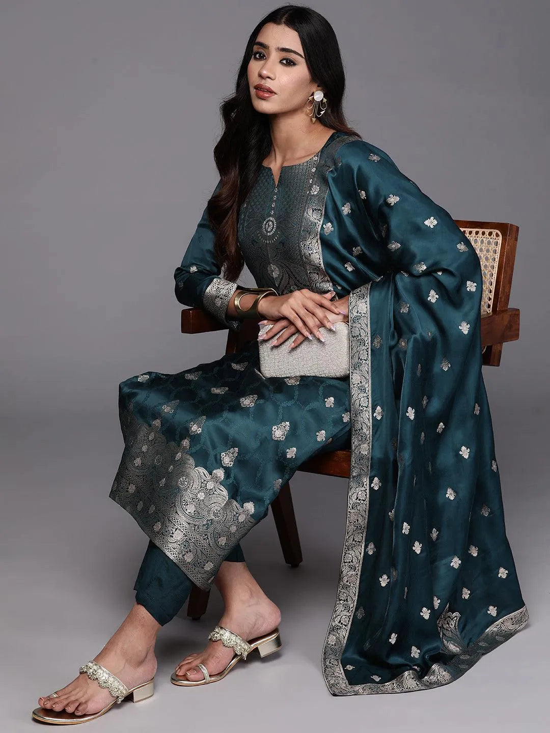 Buy Libas Art Teal Embroidered Silk Straight Suit With Dupatta Online ...