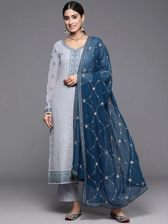Buy Blue Embroidered Georgette Straight Suit With Dupatta Online at Rs ...