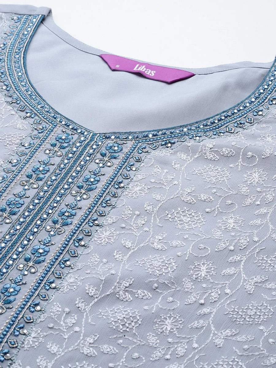 Buy Blue Embroidered Georgette Straight Suit With Dupatta Online at Rs ...