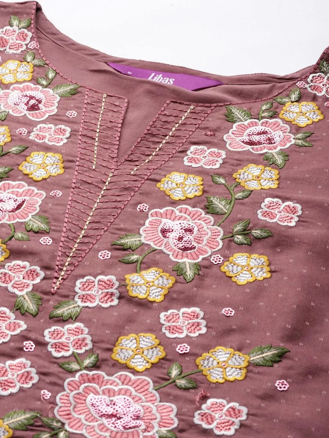 Buy Mauve Yoke Design Silk Blend Straight Kurta With Trousers & Dupatta ...