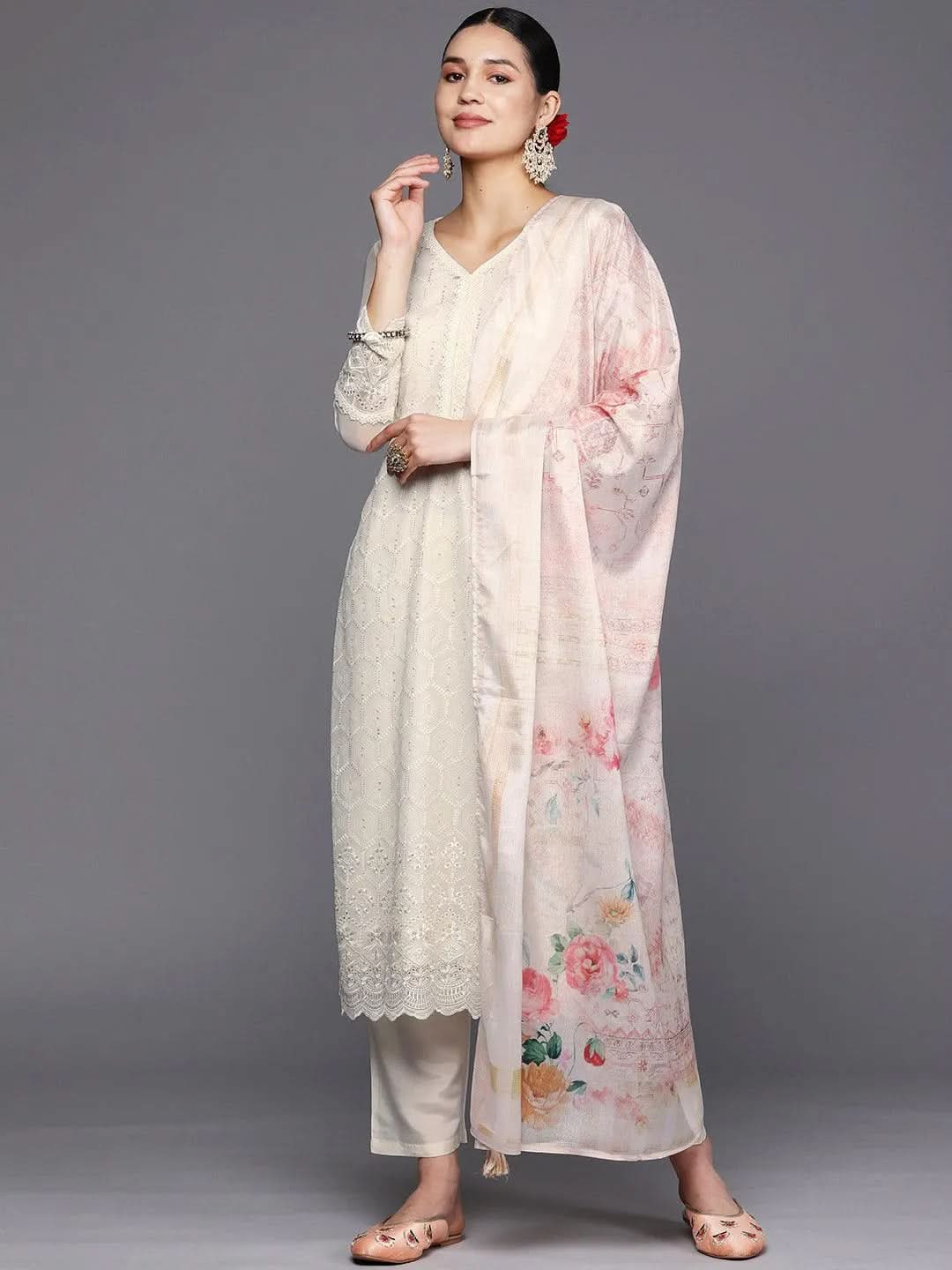 Buy Off-White Embroidered Georgette Straight Kurta With Trousers ...