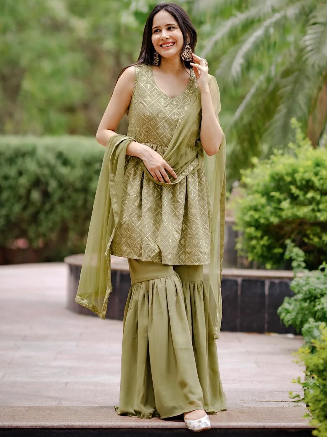 Buy Olive Embroidered Georgette A-Line Sharara Suit Set With Dupatta ...