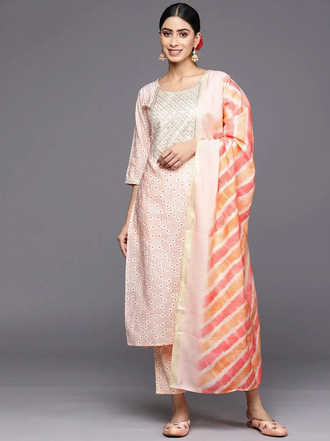 Buy Peach Yoke Design Silk Blend Straight Kurta With Trousers & Dupatta ...