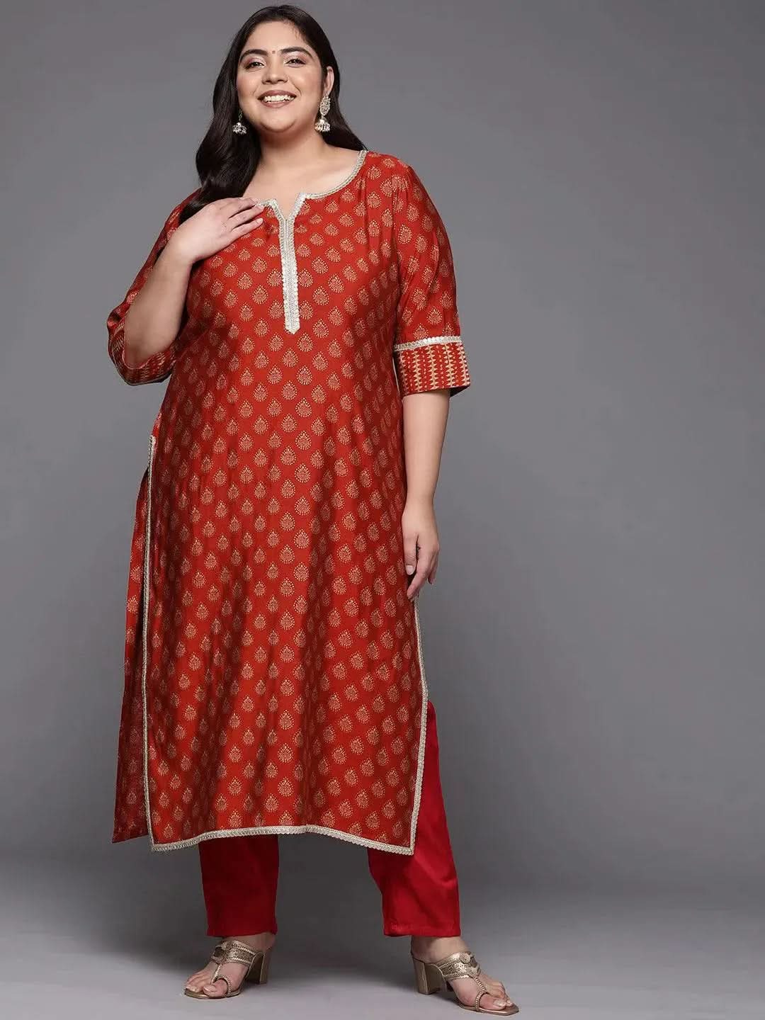 Buy Plus Size Rust Printed Silk Straight Kurta Online at Rs.835 | Libas