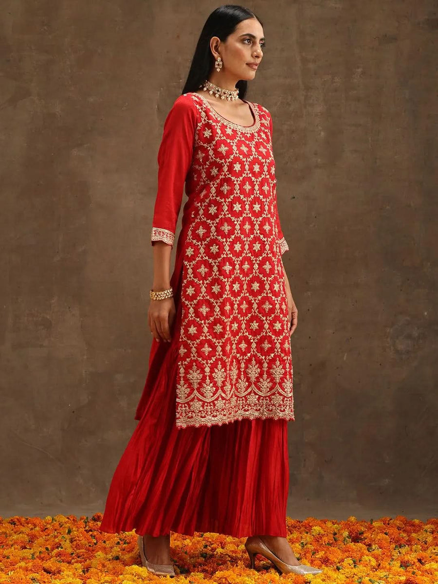 Buy Red Embroidered Silk Blend Straight Kurta With Sharara & Dupatta Online at Rs.2209 | Libas