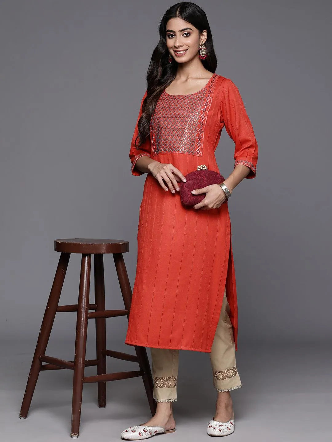 Buy Rust Yoke Design Rayon Straight Kurta Online at Rs.584 | Libas