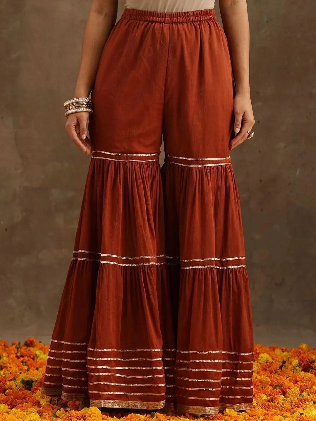 Buy Rust Yoke Design Silk Blend Straight Kurta With Sharara & Dupatta ...