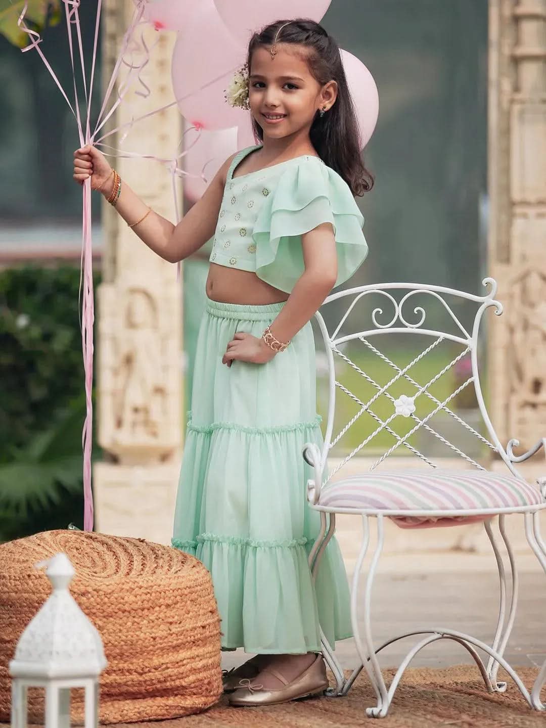 Buy Kids Turquoise Blue Woven Design Georgette Lehenga Set Online at Rs ...