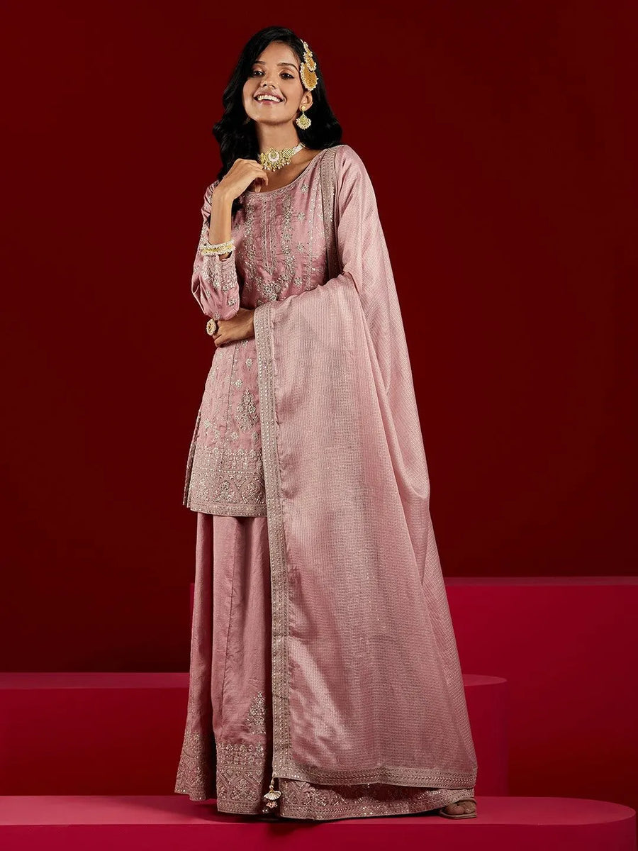 Buy Libas Art Dusty Pink Embroidered Silk A-Line Sharara Suit Set With ...