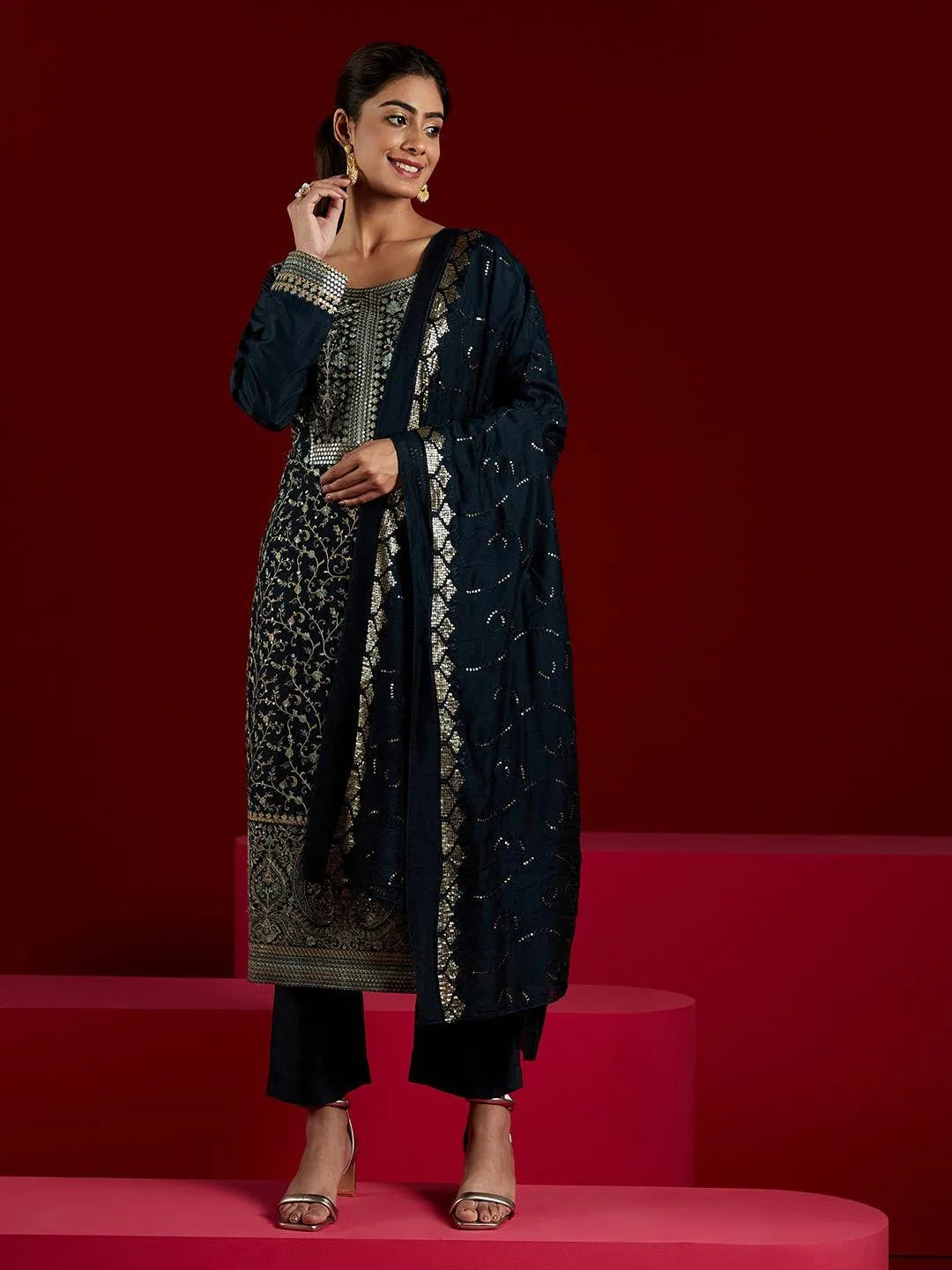 Buy Libas Art Blue Embroidered Silk Blend Straight Suit With Dupatta ...