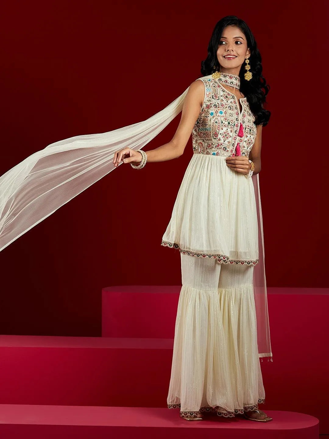 Buy Libas Art Off White Yoke Design Silk Chiffon A-Line Sharara Suit ...