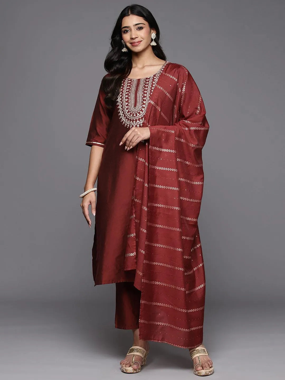 Buy Maroon Yoke Design Silk Blend Straight Suit With Dupatta Online at ...