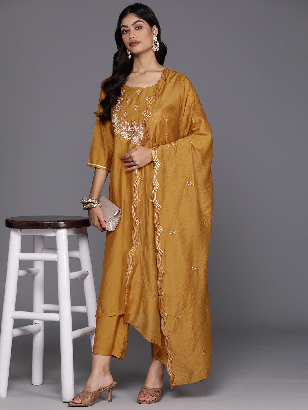 Buy Mustard Yoke Design Silk Blend Straight Suit With Dupatta Online at ...