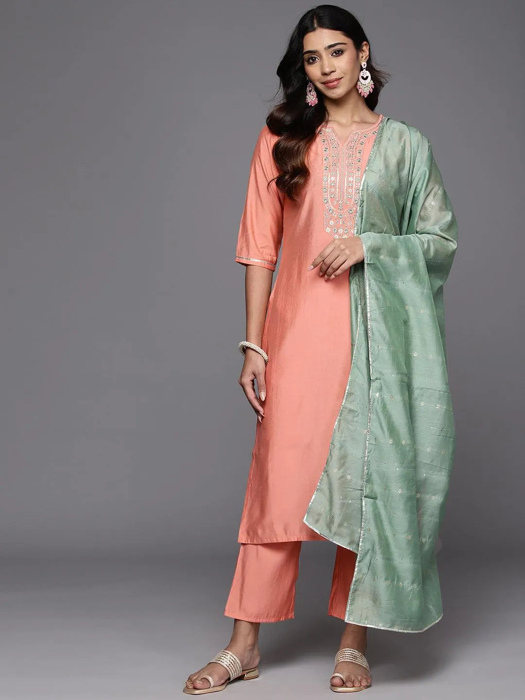 Buy Peach Yoke Design Silk Blend Straight Suit With Dupatta Online at ...