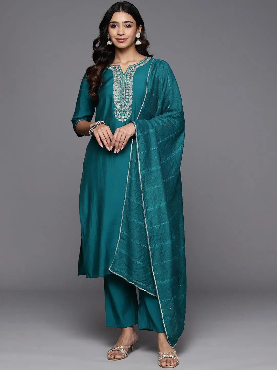 Buy Teal Yoke Design Silk Blend Straight Suit With Dupatta Online at Rs ...